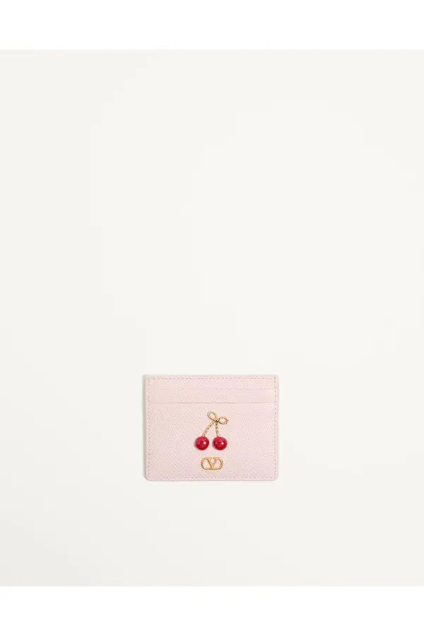 Valentino Garavani Cherryfic Cardholder In Grainy Calfskin - Natural