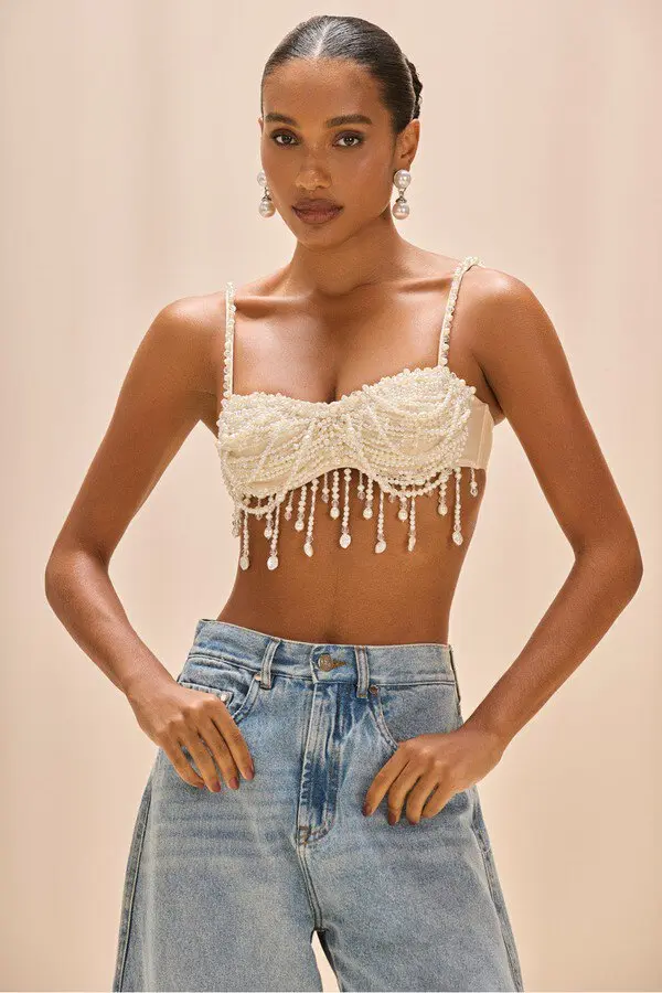 PatBO Pearl Dust Embroidery Bra Top - White
