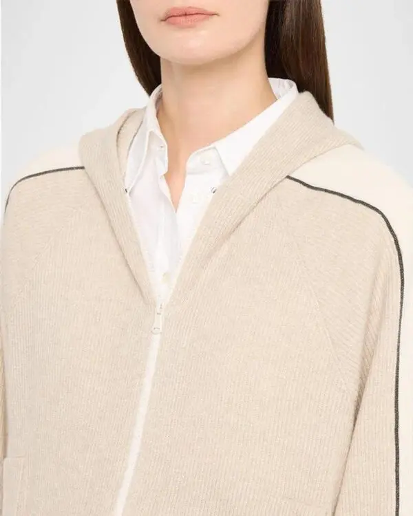 Brunello Cucinelli Cashmere Rib Zip Hoodie With Monili Trim - Cft47 Beig
