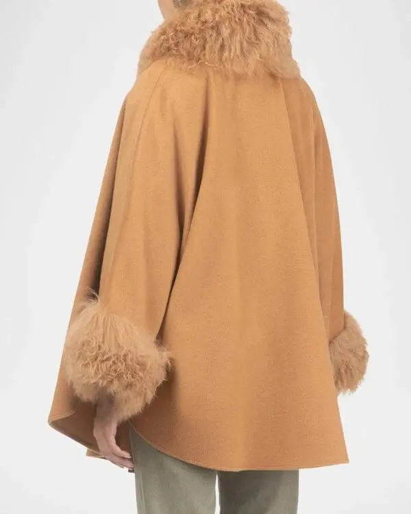 Gorski Cashmere And Wool Blend Cape With Shearling Trim - Camel