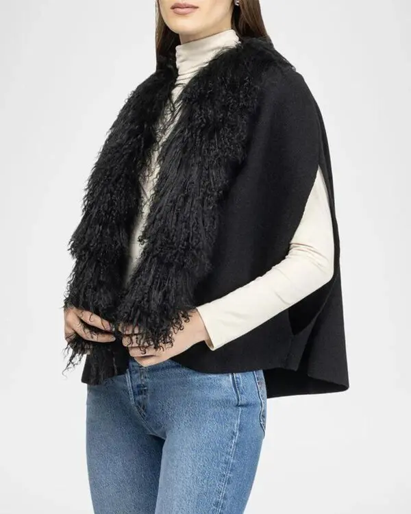 Gorski Merino Wool-blend Cape With Mongolian Lamb Shearling Trim
