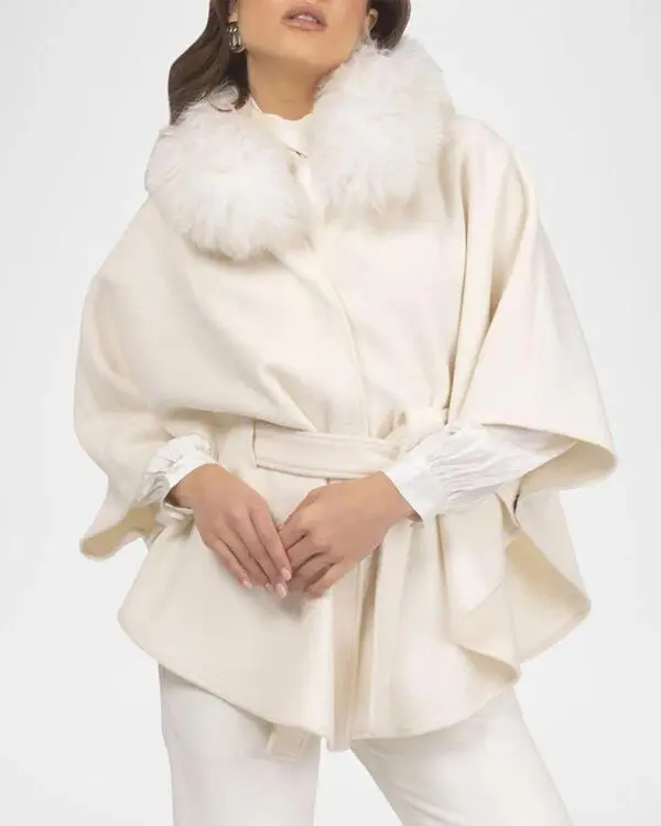 Gorski Wool Belted Cape With Lamb Collar - Ivory