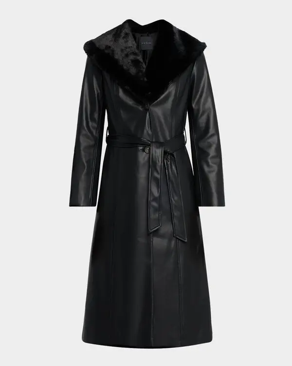 Elie Tahari Vegan Leather Trench Coat With Faux-fur Collar