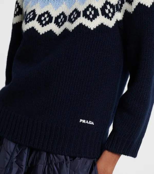 Prada Fair Isle Wool And Cashmere Turtleneck Sweater - Blue