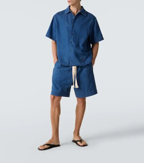 Commas Embroidered Oversized Cotton-blend Denim Bowling Shirt