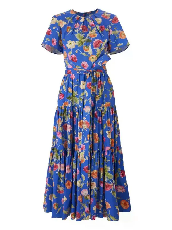 Carolina Herrera Poppy-print Tiered Midi Dress With Sash - Blue