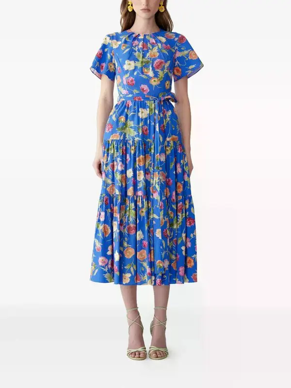 Carolina Herrera Poppy-print Tiered Midi Dress With Sash - Blue