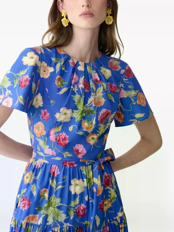 Carolina Herrera Poppy-print Tiered Midi Dress With Sash - Blue