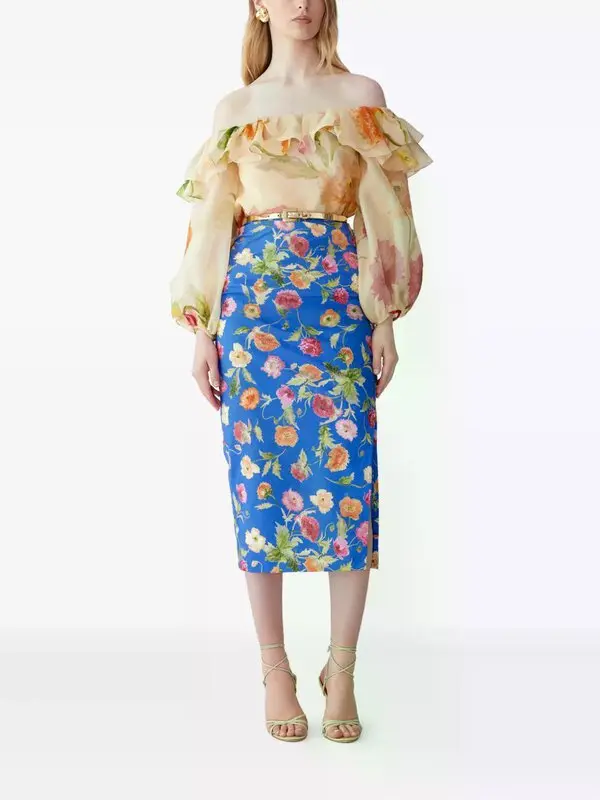Carolina Herrera Poppy-print Ruched Midi Skirt