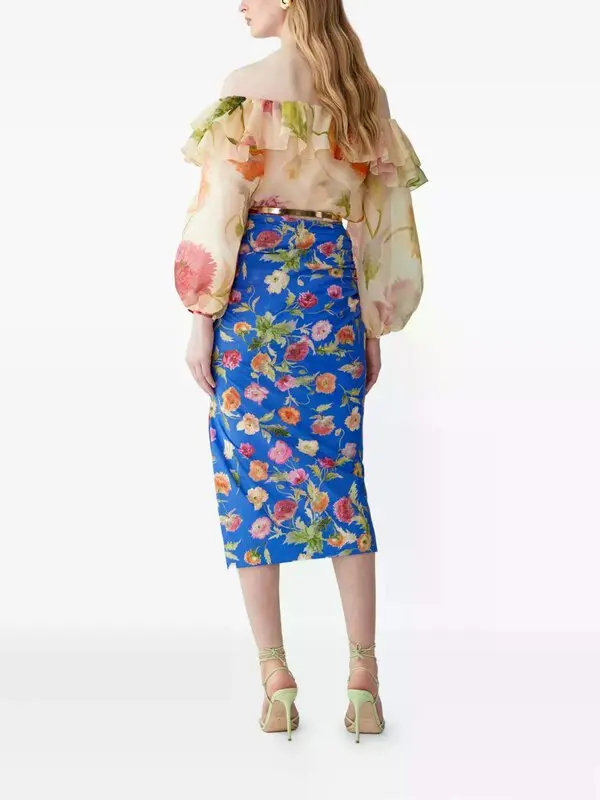 Carolina Herrera Poppy-print Ruched Midi Skirt