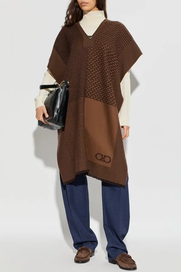FERRAGAMO Wool Poncho With Geometric Logo Detail - Brown