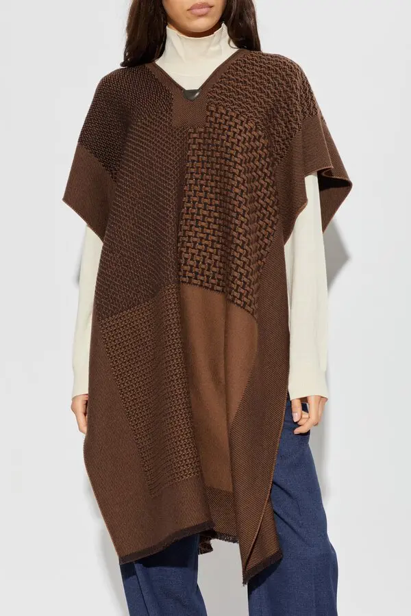 FERRAGAMO Wool Poncho With Geometric Logo Detail - Brown