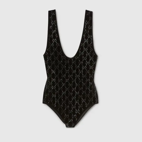 Gucci Chenille Bodysuit With Gg Crystals - Black