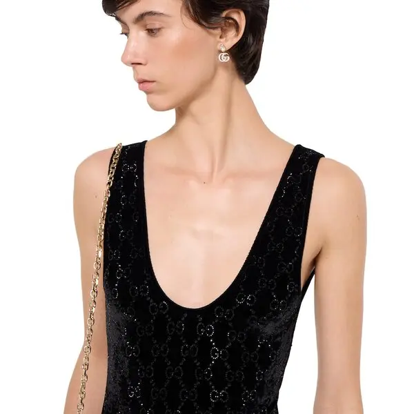 Gucci Chenille Bodysuit With Gg Crystals - Black