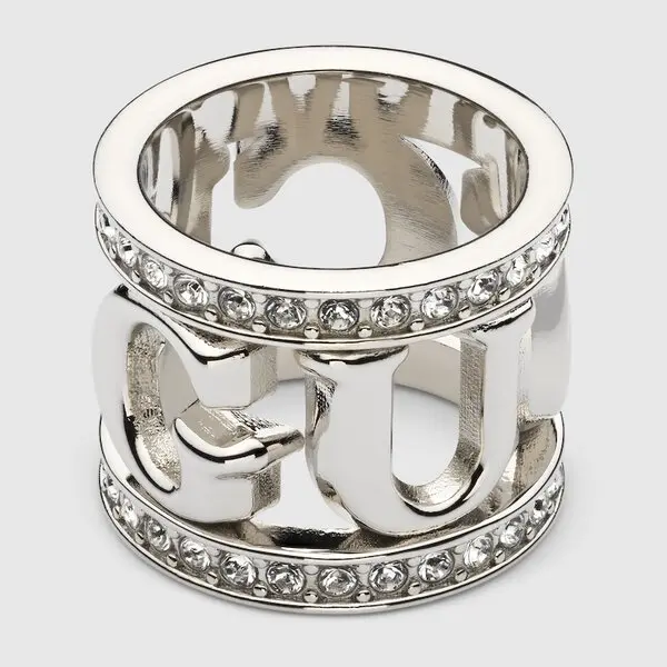 Gucci Logo Carré Ring With Crystals - Silver