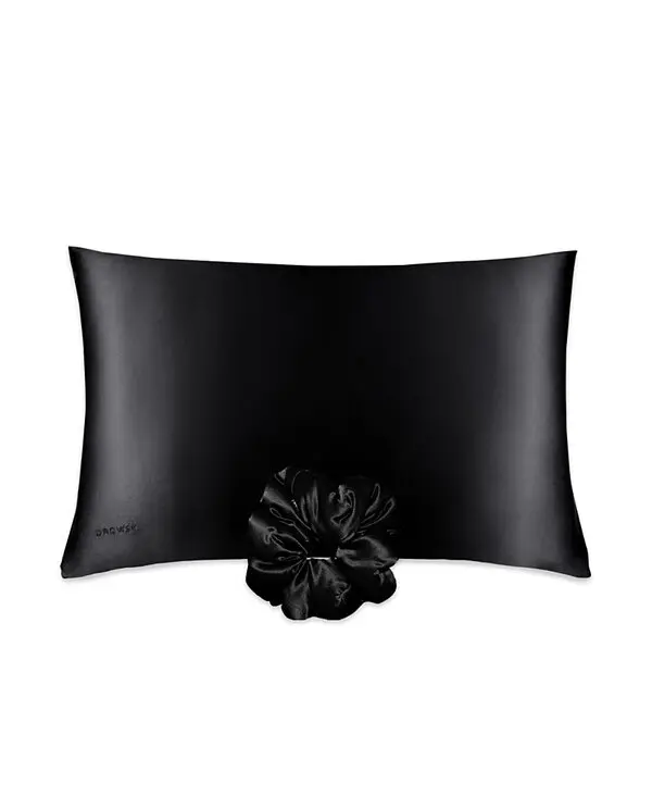 DROWSY Silk Standard Pillowcase And Padded Scrunchie Set - Black