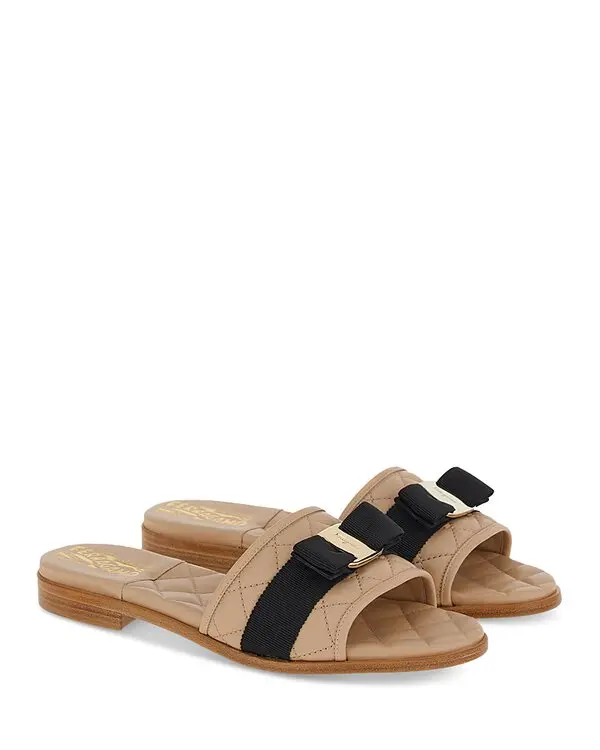 FERRAGAMO Lovec Q Bow Accent Quilted Slides - New Bisque