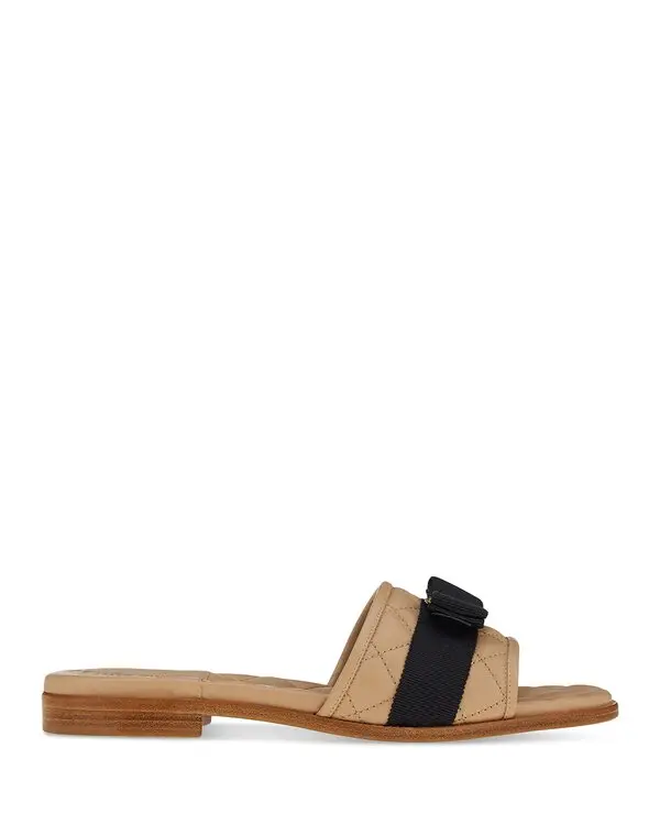 FERRAGAMO Lovec Q Bow Accent Quilted Slides - New Bisque