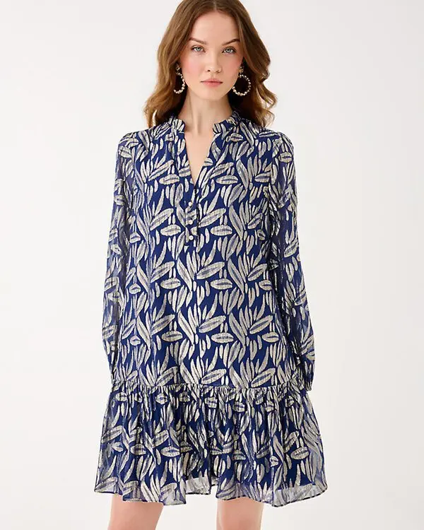 Lilly Pulitzer® Evaline Silk Popover Dress - Low Tide Navy Leafy Babe Metallic Silk Clip
