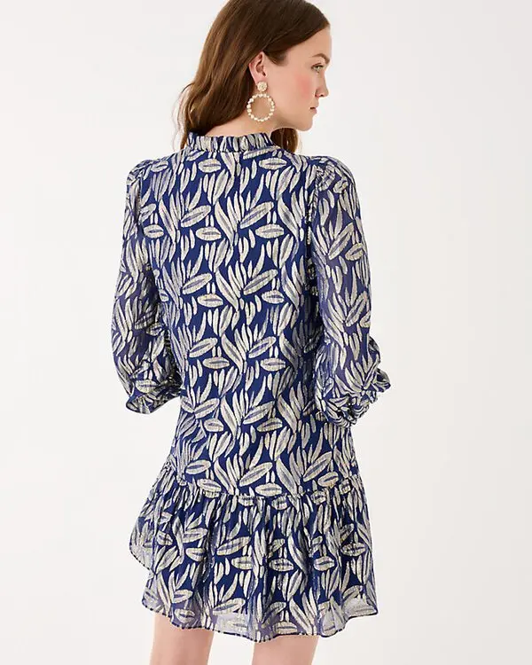 Lilly Pulitzer® Evaline Silk Popover Dress - Low Tide Navy Leafy Babe Metallic Silk Clip