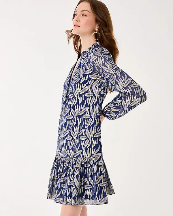 Lilly Pulitzer® Evaline Silk Popover Dress - Low Tide Navy Leafy Babe Metallic Silk Clip