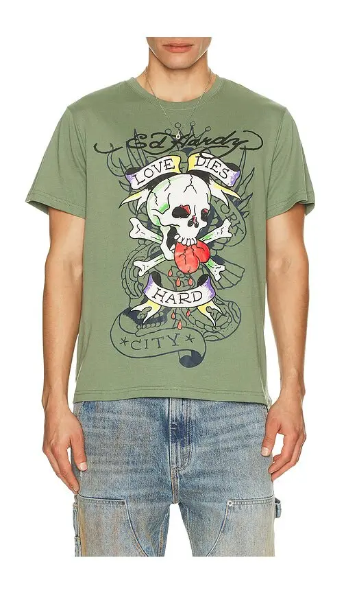 Ed Hardy Heart Skull Tee In Olive