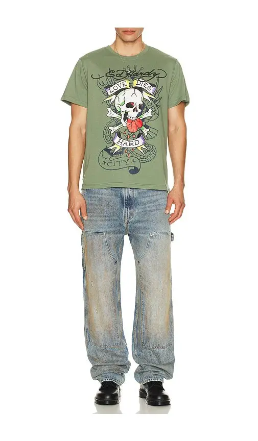 Ed Hardy Heart Skull Tee In Olive