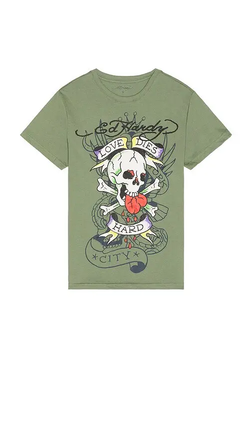 Ed Hardy Heart Skull Tee In Olive