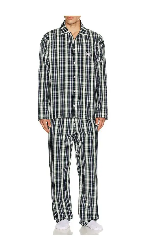 Lacoste Plaid Poplin Pajama Set In Blue - Sinople  Navy Blue  & Flour