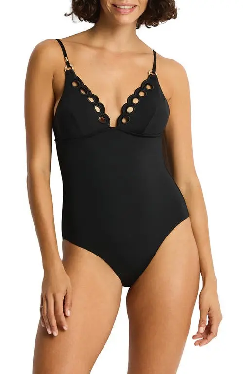 SEA LEVEL Elysian Embroidered Cutout One-piece Swimsuit - Black