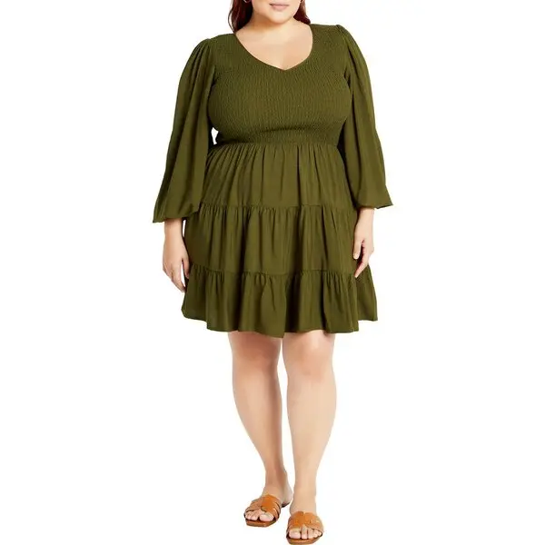 City Chic Smocked Mini Dress - Green