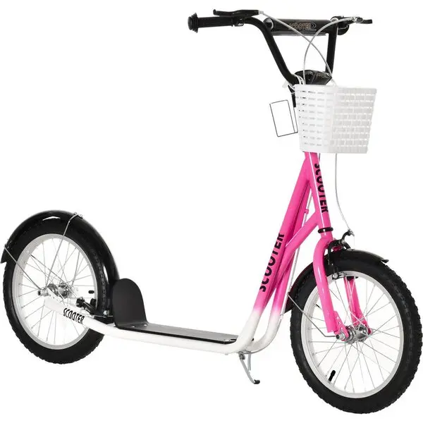 AOSOM Youth Kick Scooter With Adjustable Handlebars, Double Brakes, And Basket - Pink