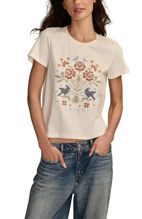 Lucky Brand Floral Cross Stitch Embroidered Graphic T-shirt - Whitecap Gray