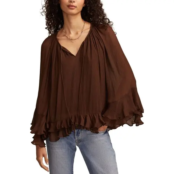 Lucky Brand Ruffle Chiffon Trapeze Top - Chocolate Brown