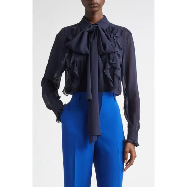 Lafayette 148 New York Ruffle Tie Neck Silk Georgette Shirt
