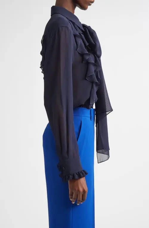 Lafayette 148 New York Ruffle Tie Neck Silk Georgette Shirt