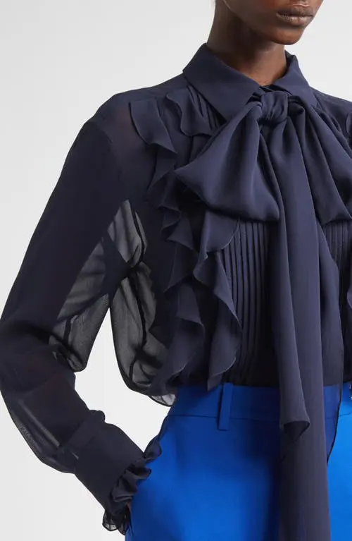 Lafayette 148 New York Ruffle Tie Neck Silk Georgette Shirt
