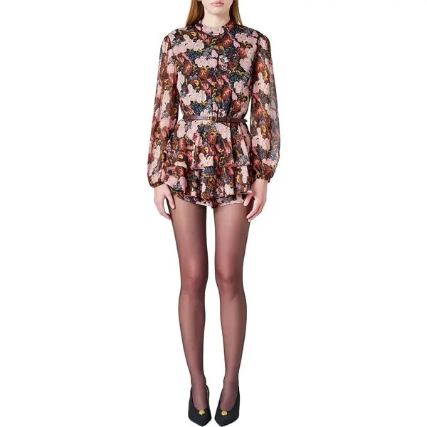 Endless Rose Print Belted Chiffon Romper - Black Multi