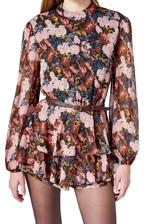 Endless Rose Print Belted Chiffon Romper - Black Multi