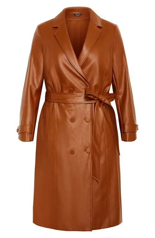 City Chic Briella Faux Leather Trench Coat - Toffee