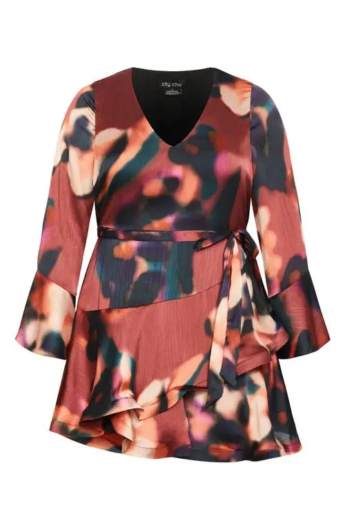 City Chic Cherrie Tie Belt Long Sleeve Satin Minidress