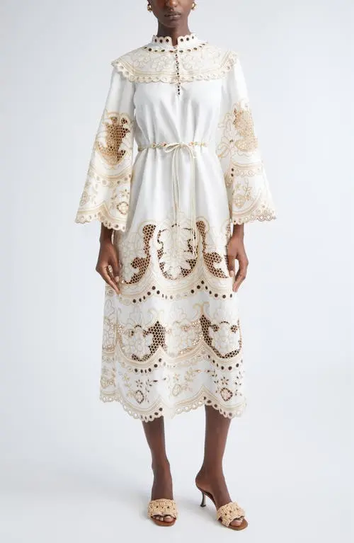 Zimmermann Scalloped Eyelet Trim Belted Linen Midi Dress