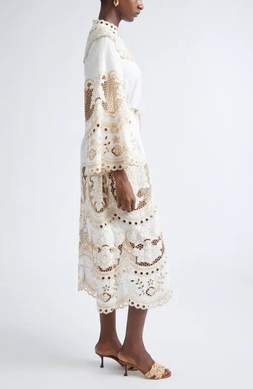 Zimmermann Scalloped Eyelet Trim Belted Linen Midi Dress