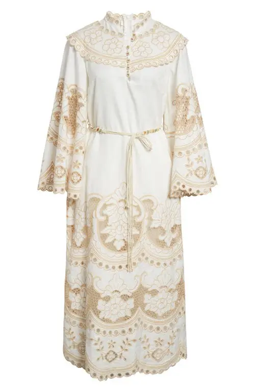 Zimmermann Scalloped Eyelet Trim Belted Linen Midi Dress - Ivory |  Editorialist