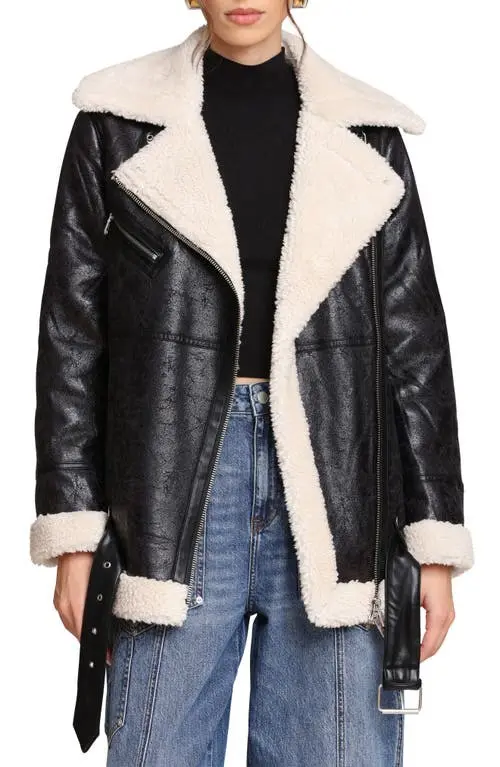 Avec Les Filles Faux Leather Biker Jacket With Faux Shearling Collar - Black-cream