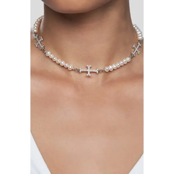 RIMOR JEWELRY Trio Adamas Cross Pearl Choker - White