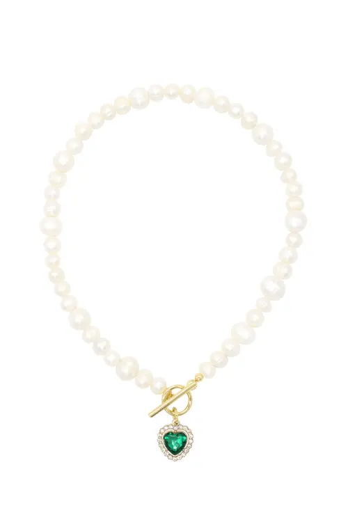 VELVET LUNA Heart Pearl Necklace - Green