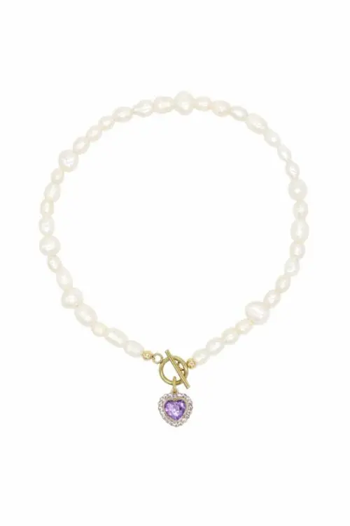 VELVET LUNA Heart Pearl Necklace - Lavender