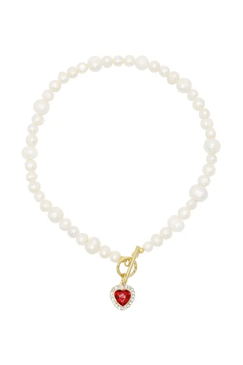 VELVET LUNA Heart Pearl Necklace - Red