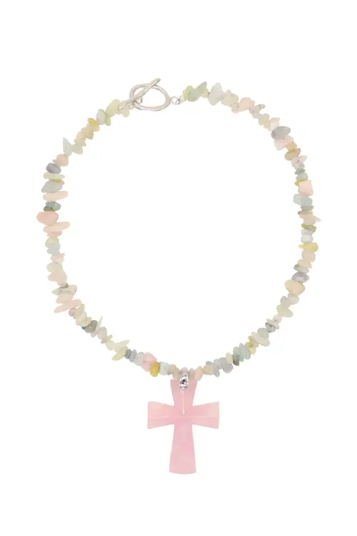VELVET LUNA Quartz Cross Pendant Necklace - Pink